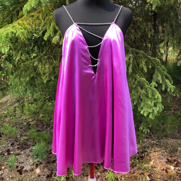 Dresses | New Magenta Flowing Satin Micro Mini Deep V Dress Rhinestone ...